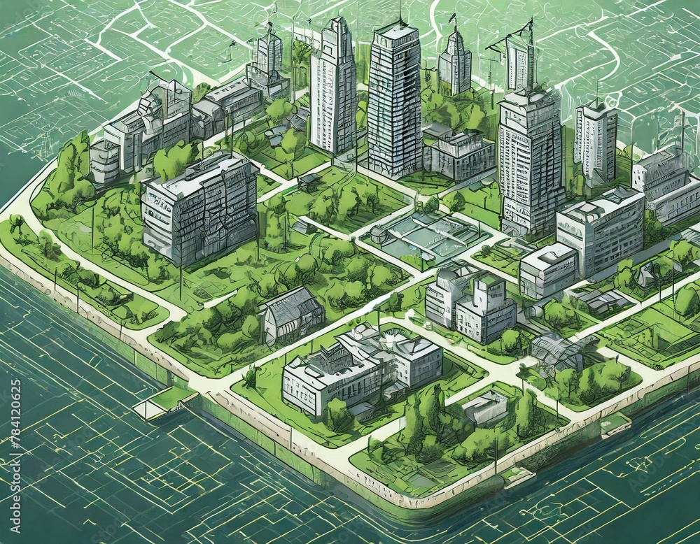 Ilustración de Stock detailed, technical blueprint showcasing urban ...