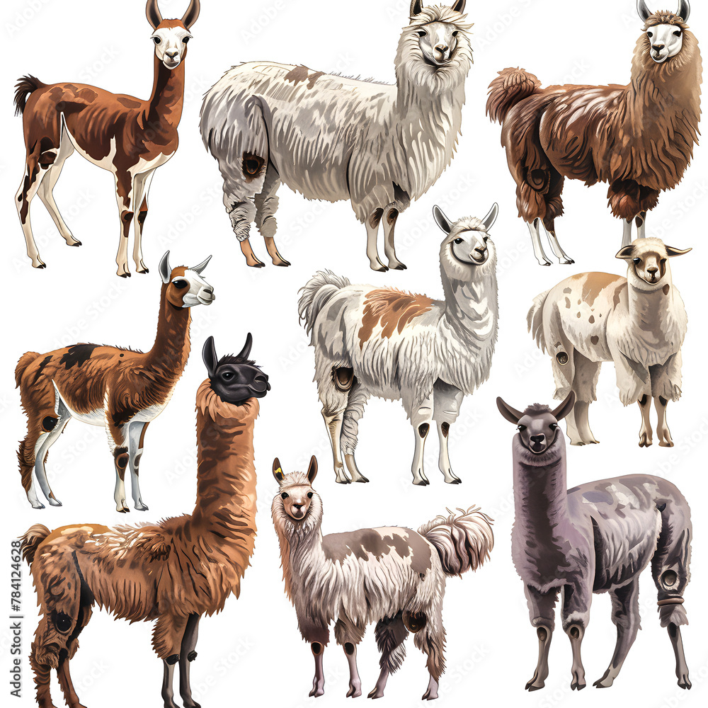Clipart illustration featuring a various of llama on white background ...