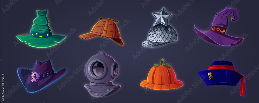 Set of vector hats in cartoon style. Character headdress, 2D game ...
