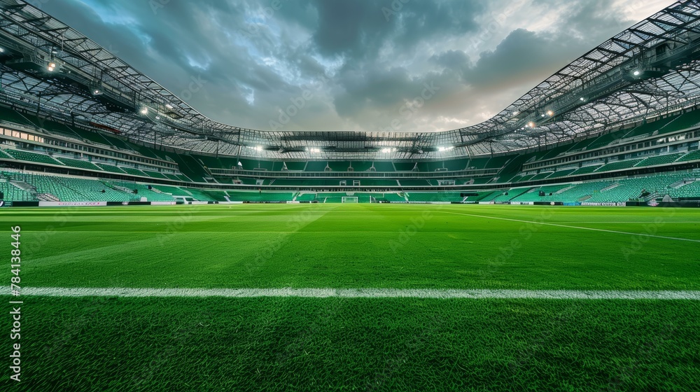 Expansive view of an empty football stadium with a lush green field and ...