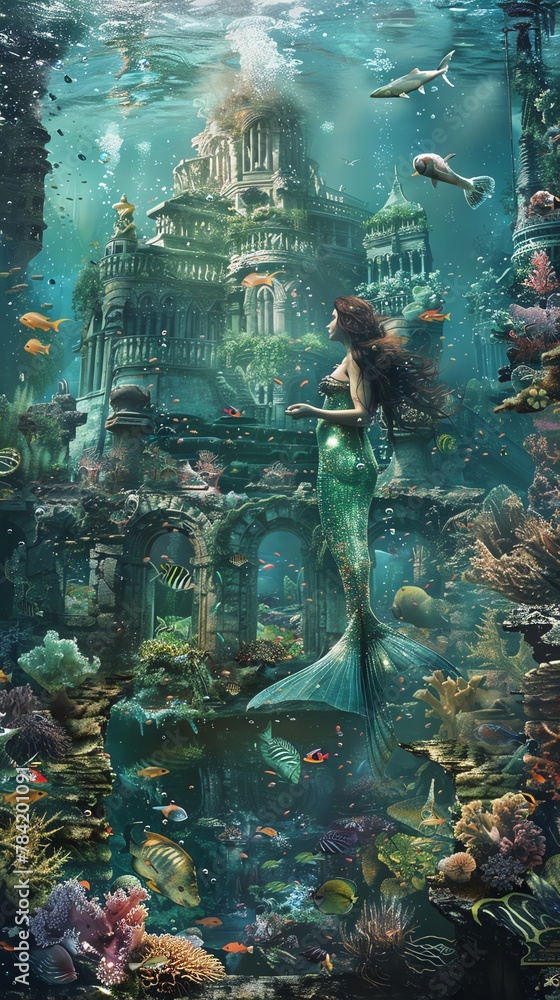 Imagine a underwater world where mermaids gracefully interact with ...
