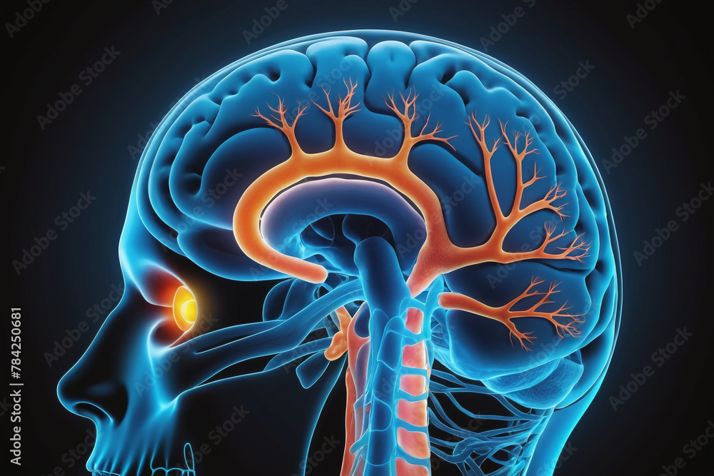 The X-ray of the human brain. X-ray profile close-up view 3D rendering ...