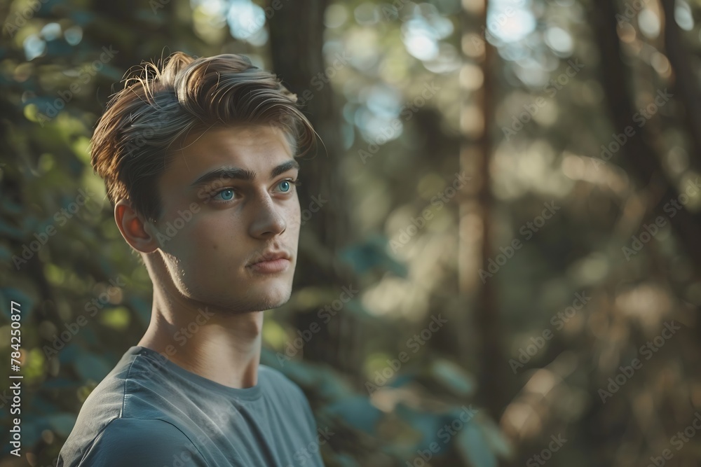 Generative AI : Good looking, blue eyed male model relaxing in nature ...