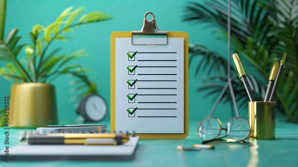 Green checkbox check list, 'Checklist' text, concept of online quiz ...