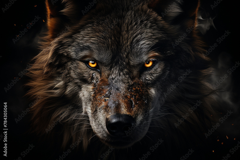 A detailed render of a wolf's face, its eyes piercing and alert ...