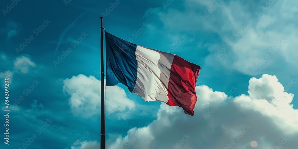 French flag waving against blue sky, national celebration, patriotic symbol, France pride ...