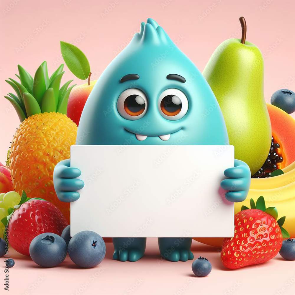 cute monster holding up a blank sign, colorful cartoon character, empty ...