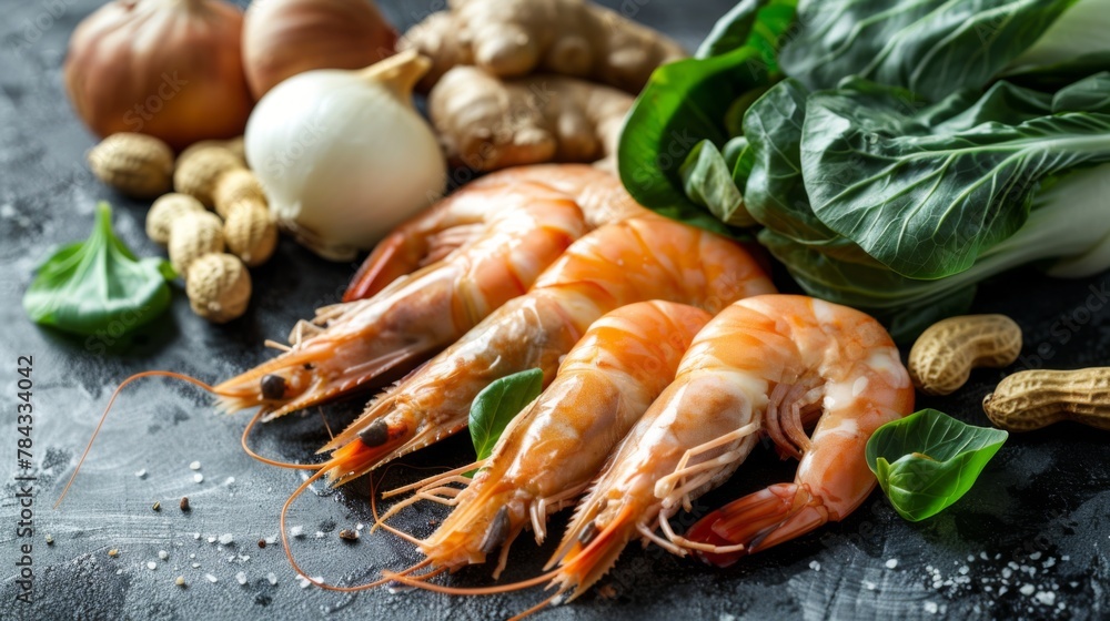 Flying wok ingredients - shrimp, vegetables, pak choi leaves, onions ...