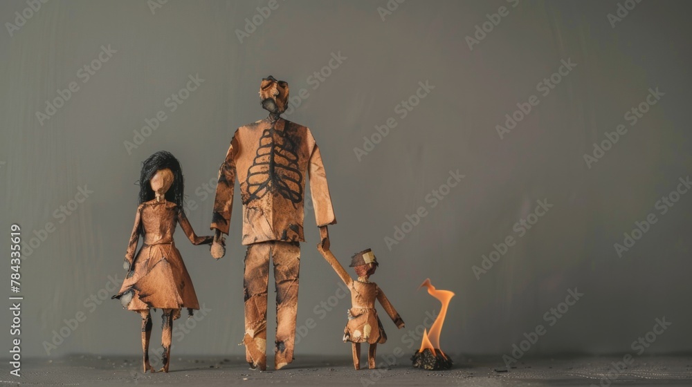 Paper dolls, parents and daughter. Daddy doll have burned lungs. Their ...