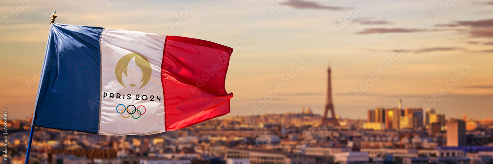 French flag with Paris 2024 summer olympic and paralympics games logo ...