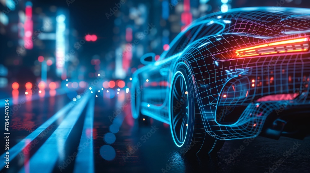 Futuristic 3D Concept Car. Autonomous Self Driving Van Moving Through ...