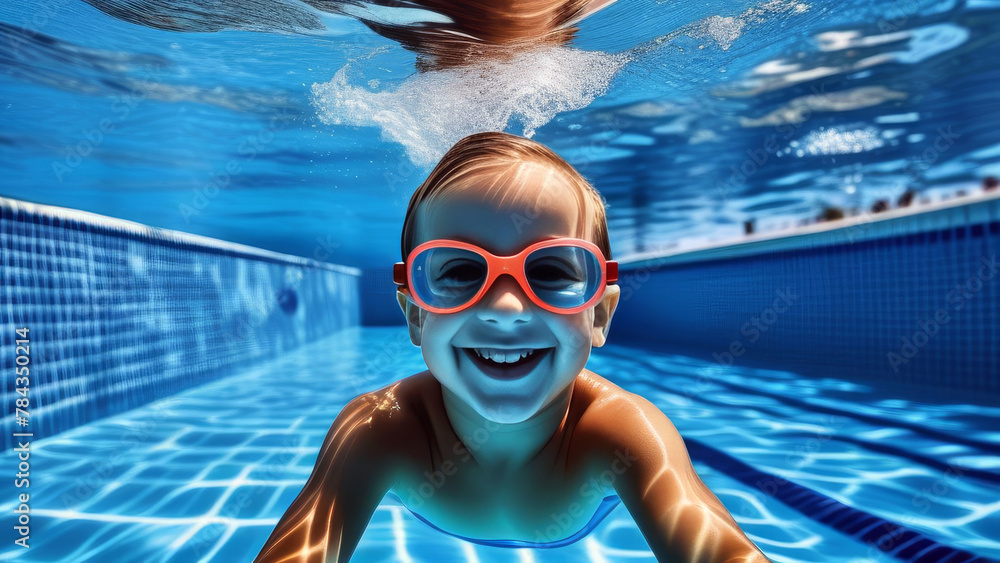Cute happy caucasian child dive underwater and have Fun of swimming ...