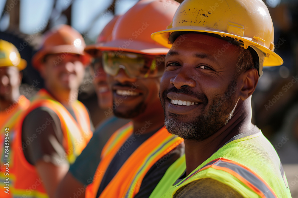 Smiling construction workers with safety gear outdoors, suitable for ...
