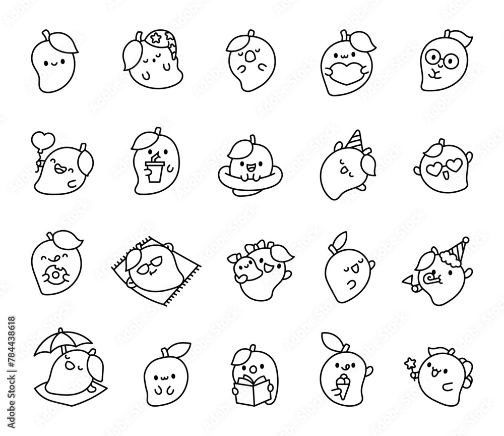 Cute kawaii mango with funny face. Coloring Page. Cartoon fruit ...