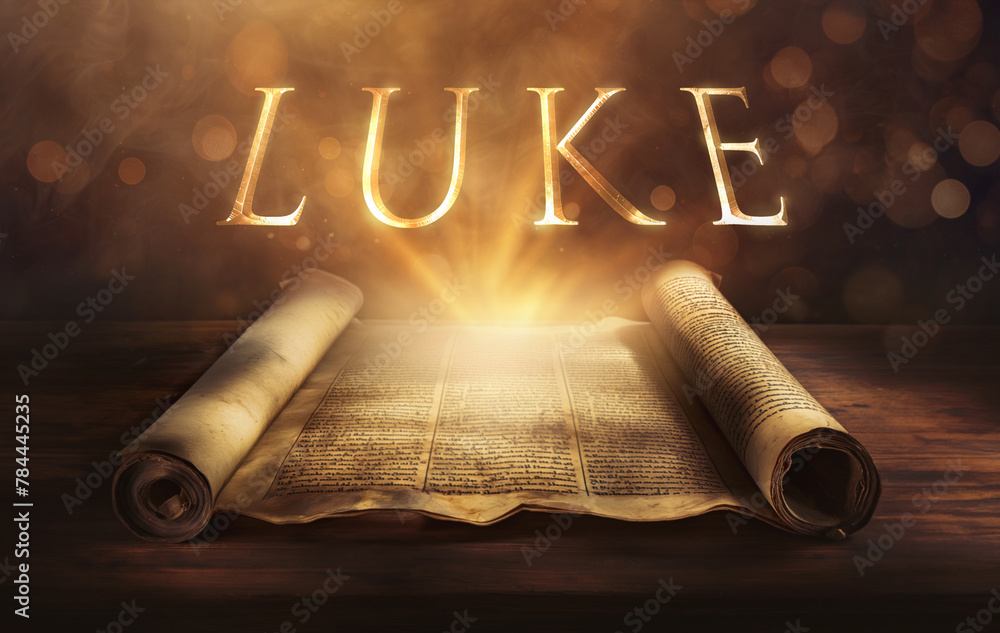 Glowing open scroll parchment revealing the book of the Bible. Book of ...