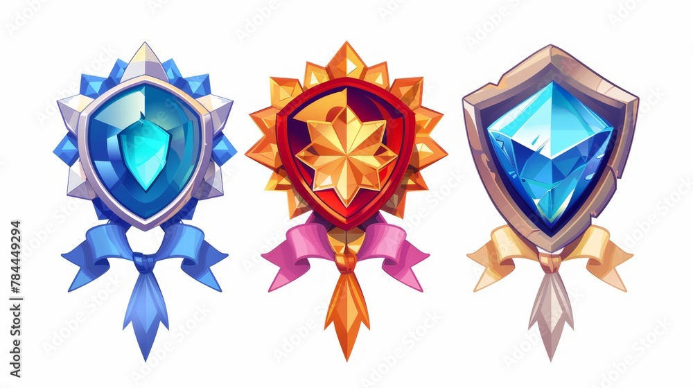 Game icon set with level up badge. Achievement emblem with blue ribbon ...