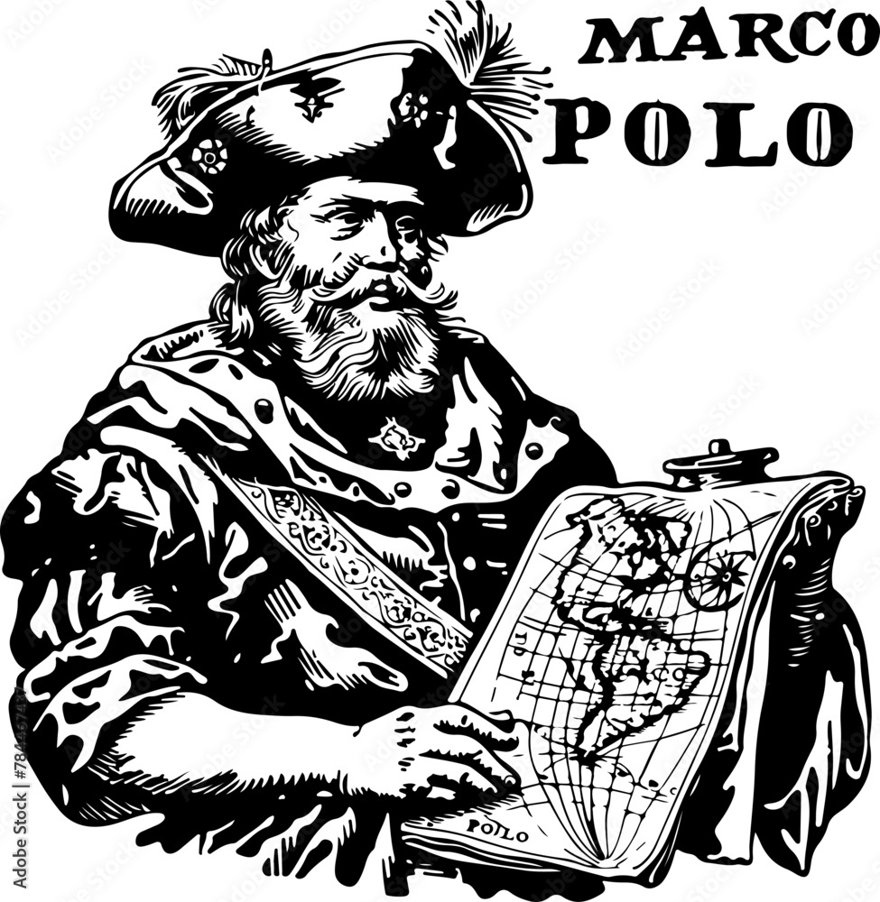 Marco Polo, the famed explorer, depicted with a map, perfect for travel ...