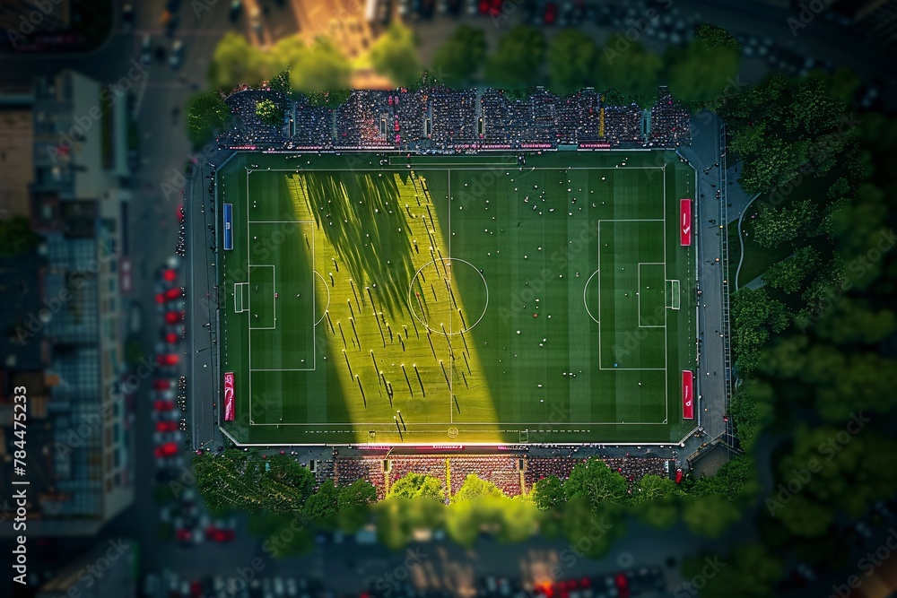 A soccer field seen from above with players in action, passing ...