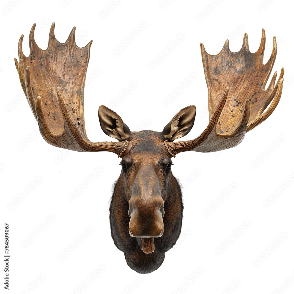 Extreme front view of realistic moose head which is mounted on a wall ...