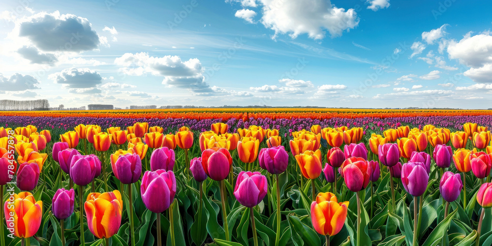 Vibrant tulip field under a blue sky with fluffy white clouds in the ...