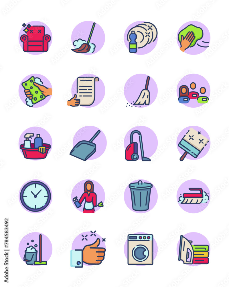 Cleaning service thin line icons set. Outline pictograms of mop, broom ...