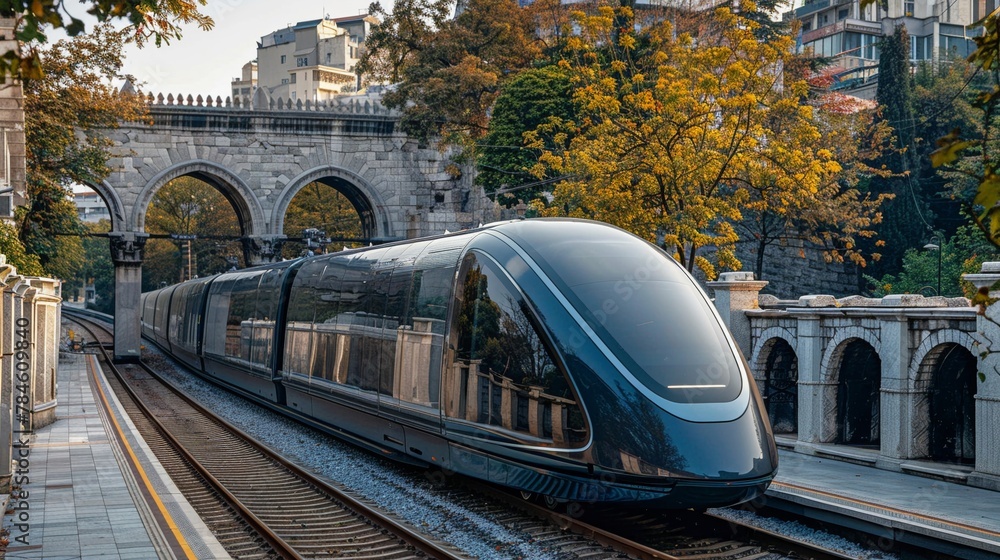 A magnetic levitation train passing through the ancient gates of ...