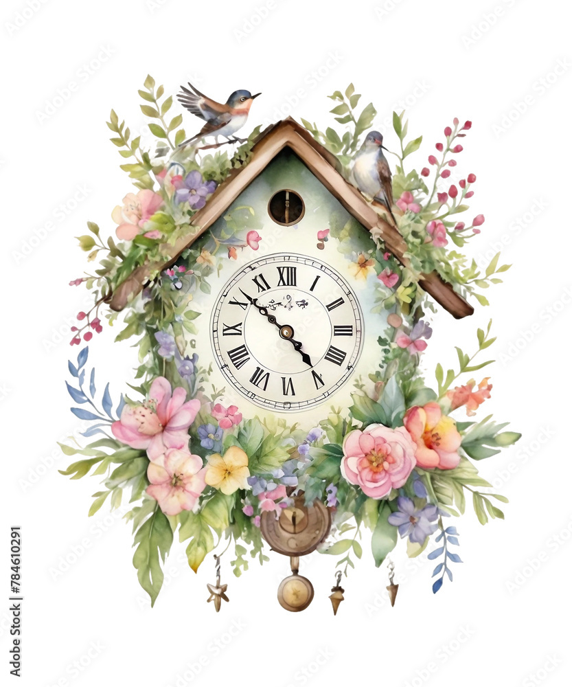 Watercolor Cuckoo Clock Clipart PNG. Stock Illustration | Adobe Stock