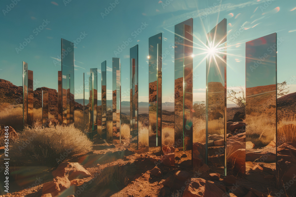 Desert mirror installation reflecting sky at sunset. Large mirrors in ...