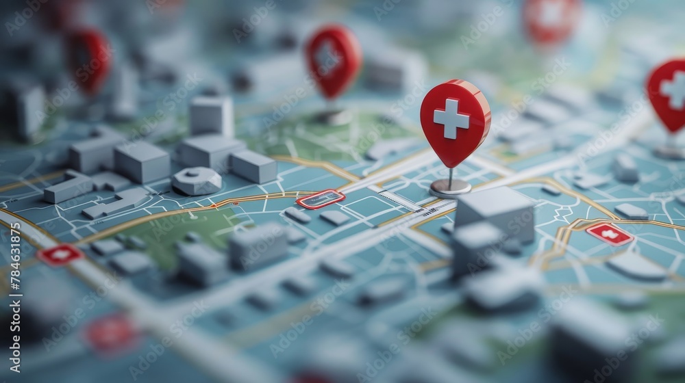 Emergency Response: A 3D vector illustration of a map with pins ...