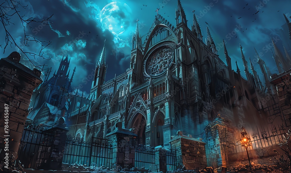 Illustrate a sprawling gothic cathedral at nightfall, imbuing a sense ...