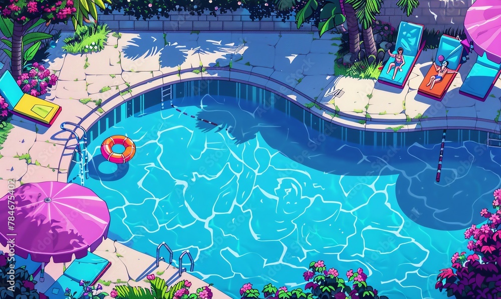 Craft a pixel art masterpiece showcasing a quirky birds-eye view of a ...