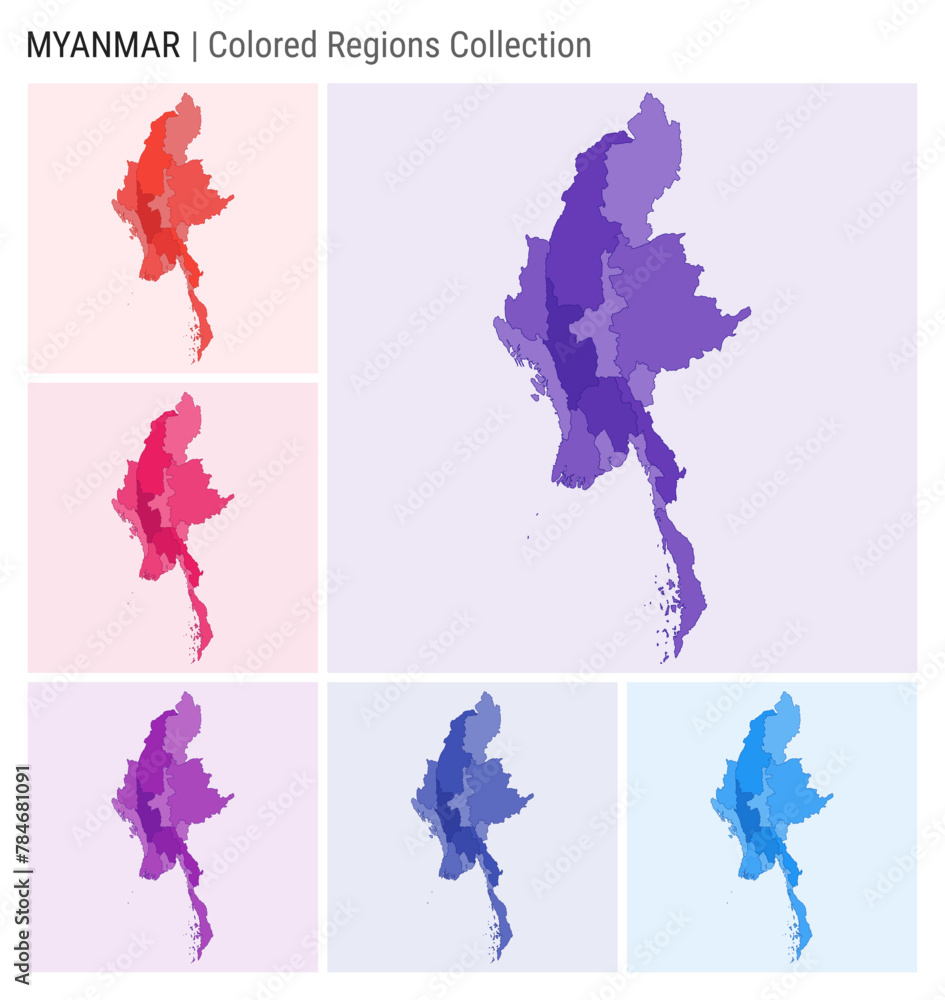 Myanmar map collection. Country shape with colored regions. Deep Purple ...