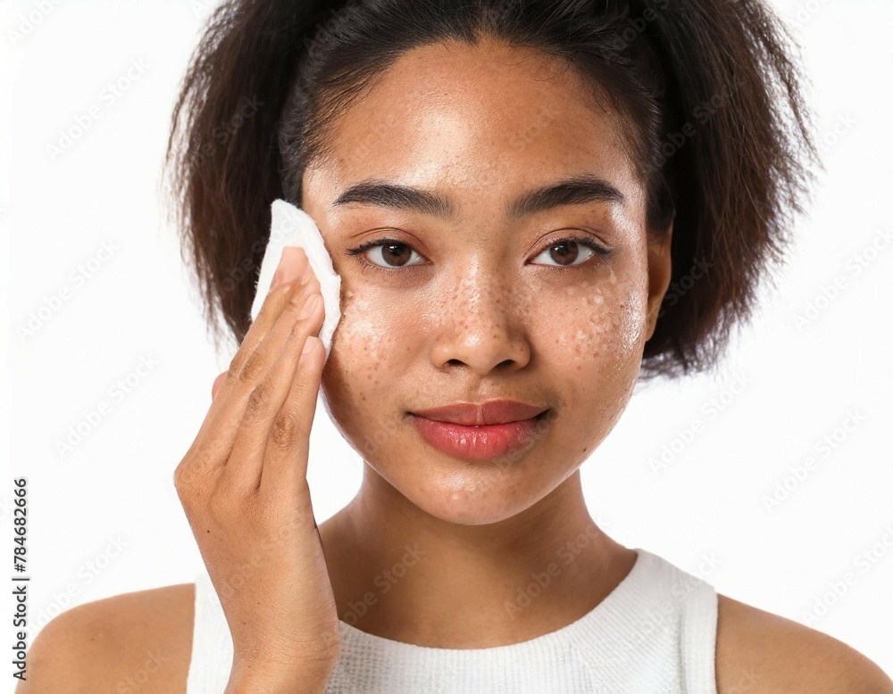 Beautiful woman with freckles wiping face on white background, closeup ...