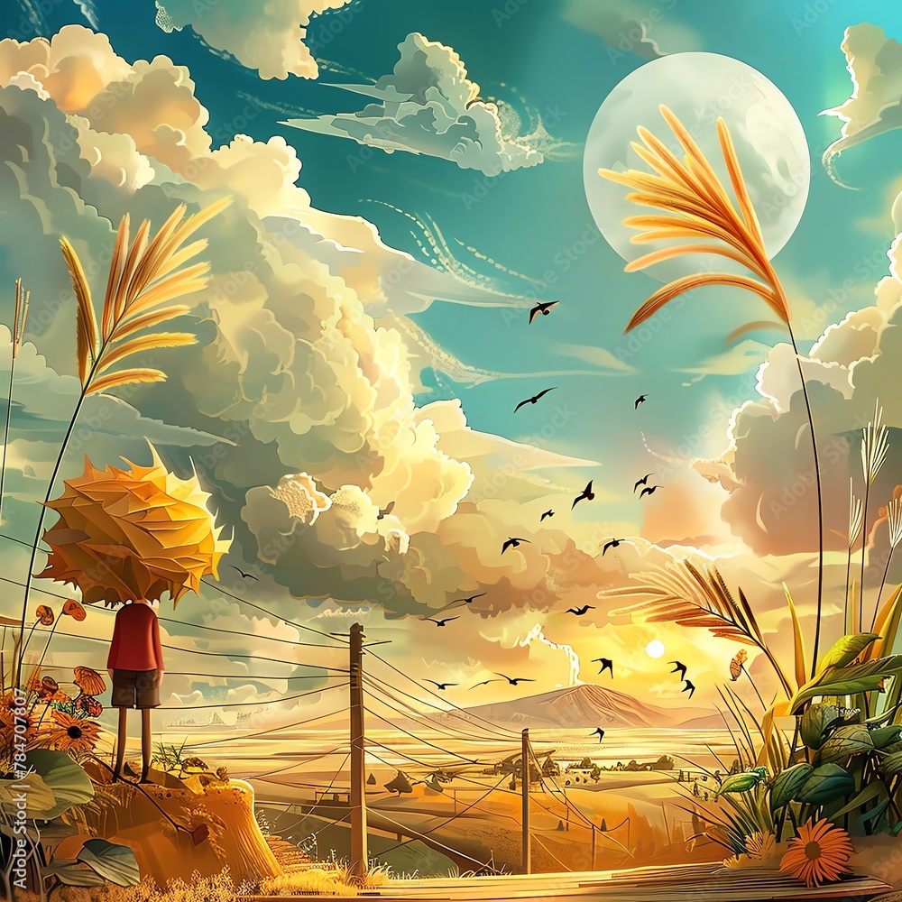 Craft a 3D pixel art sculpture of a surreal utopian landscape, merging ...