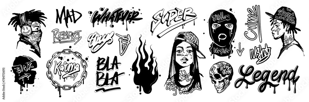 Graffiti urban sticker set, calligraphy spray print, vector street art ...
