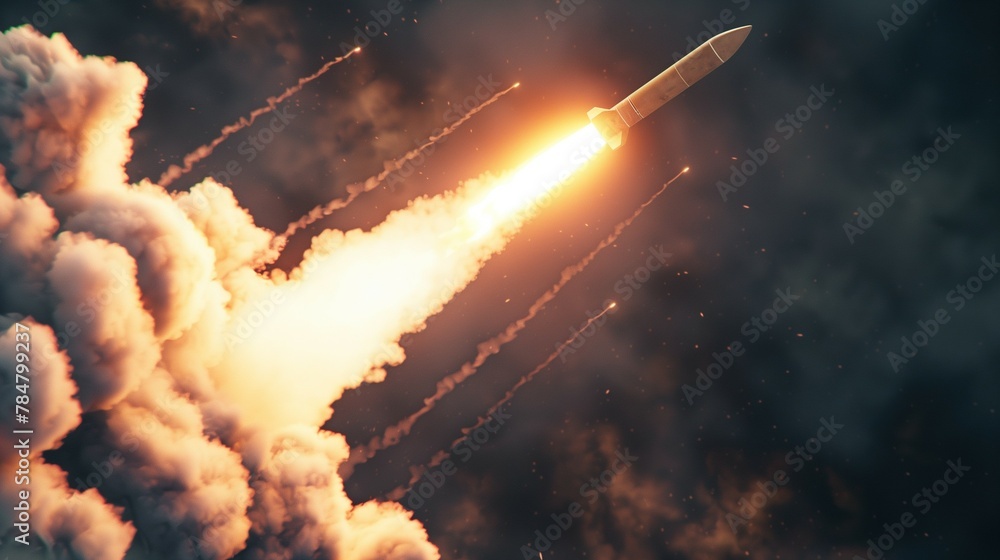 Rocket cruise missile, balistic missile taking of leaving trail of ...