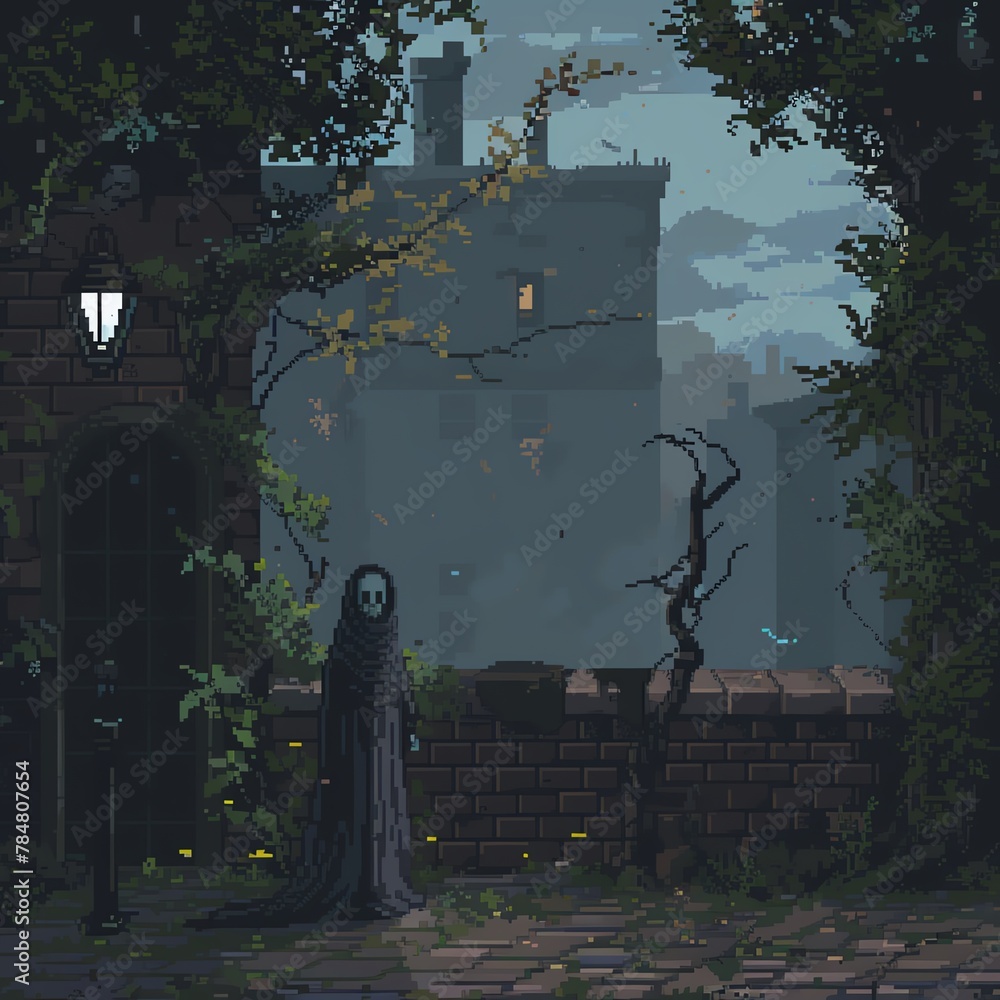 Using pixel art techniques, create a haunting scene of a masked ...