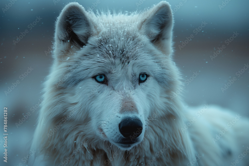 Deep within the heart of a moonlit forest, a wolf's portrait captures ...