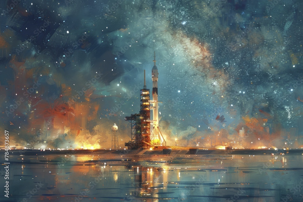 Rockets shine under floodlights in the night sky at a spaceport ...