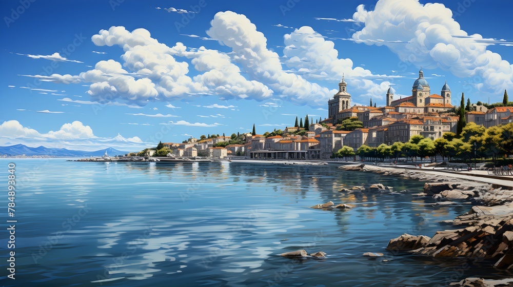 Seaside towns with a beach, building by the waterfront, embracing the ...