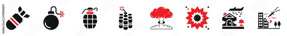Bomb icon collection of explosion. Damage on the destroyed city ...