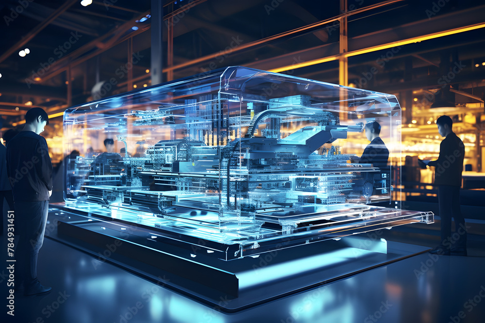 Holographic of digital Factory machinery structure on light blue base background. Future ...