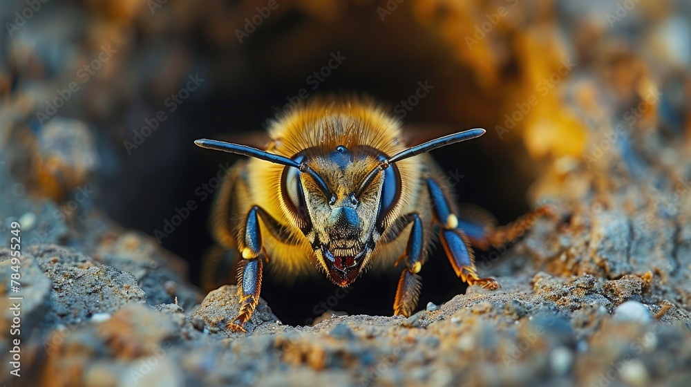 Solitary bee emerging from its underground burrow, its solitary ...