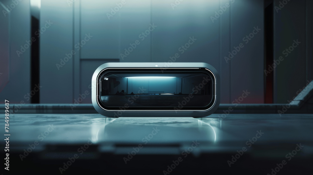 A futuristic, rectangular device with rounded edges and LED lights on ...