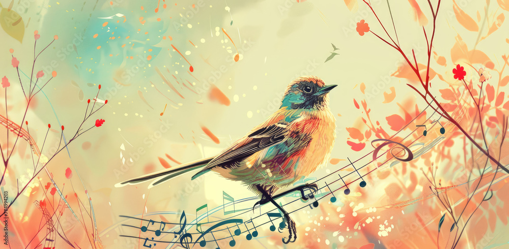 Moodboard, concept art of a bird and musical notes, in the background a ...