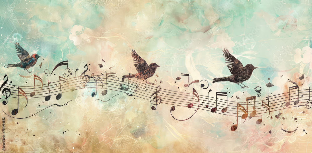 Moodboard, concept art of a bird and musical notes, in the background a ...