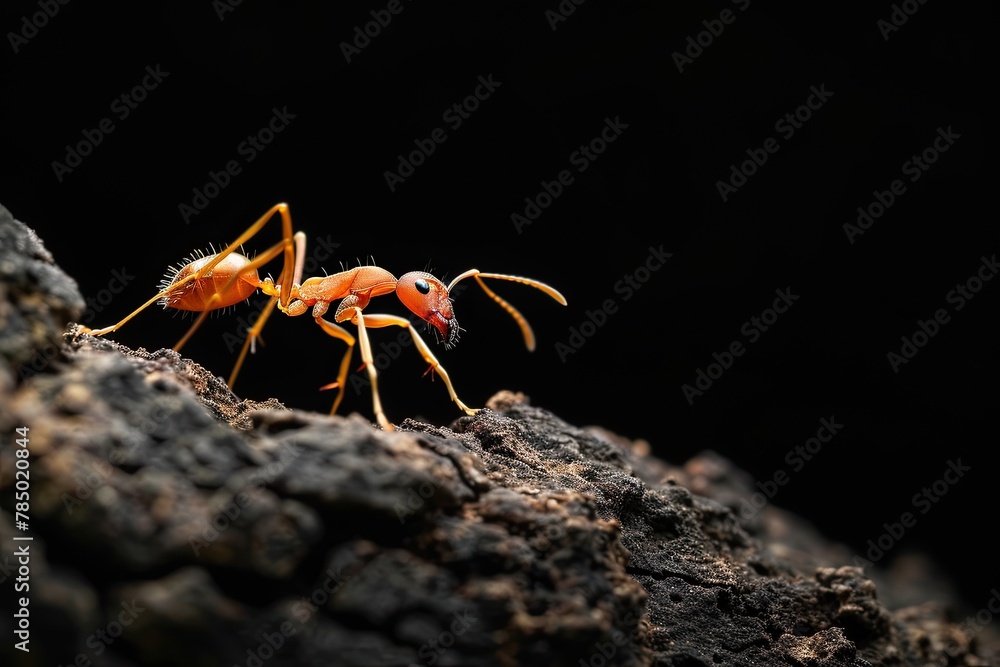 Mystic portrait of Tiny Red Ant on root in studio, The insect's back is ...