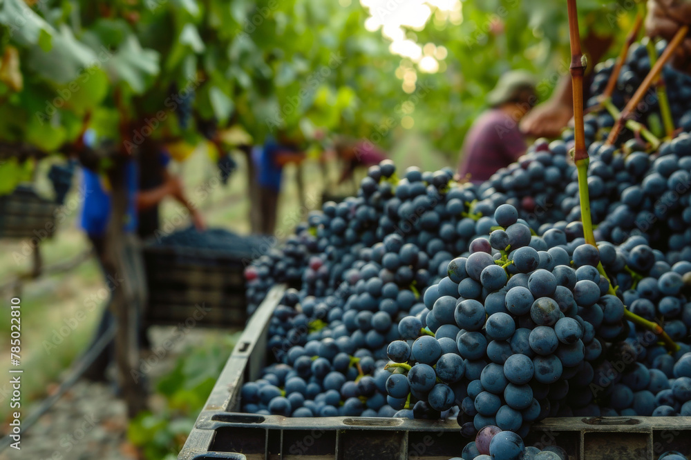 Grape harvest, with workers transporting crates of freshly picked ...