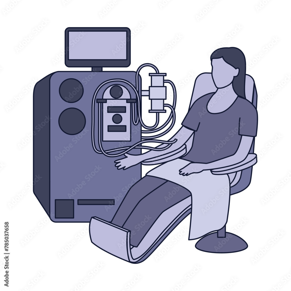 Hemodialysis procedure. A woman in a chair connected to an artificial ...