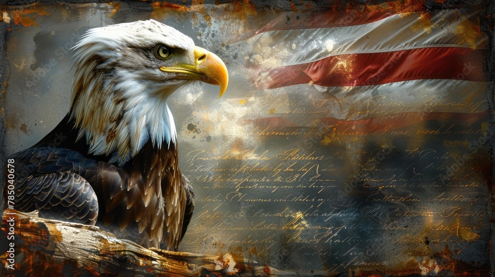Digital composite: American bald eagle and flag is underlaid with the ...